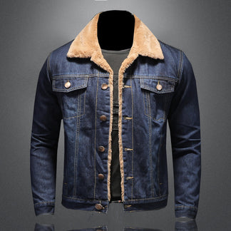 Plush and thickened warm denim jacket Men's plus size simple denim jac ...